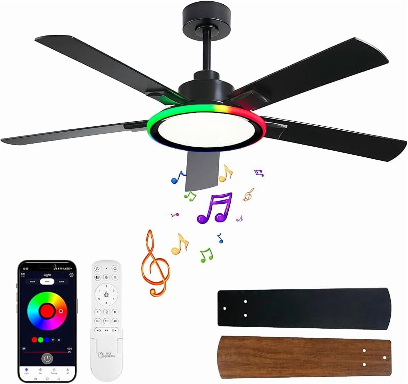 52" Ceiling Fans with Lights,Bluetooth Ceiling Fan with Speaker,6-Speed ...