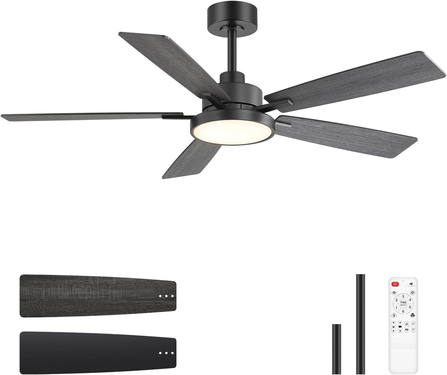 52" Ceiling Fans with Lights and Remote, Modern Black Ceiling Fan with ...