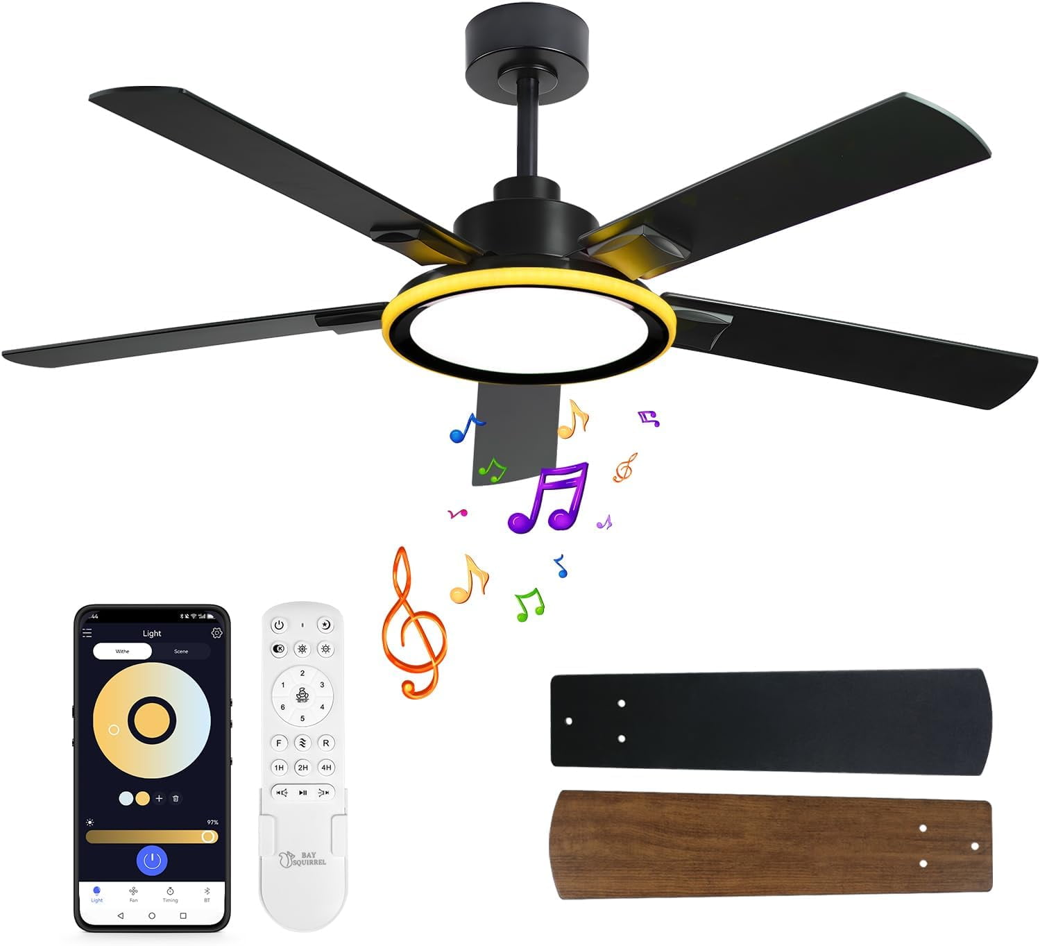 52" Ceiling Fans with Lights, Ceiling Fan with Speaker,6-Speeds DC ...