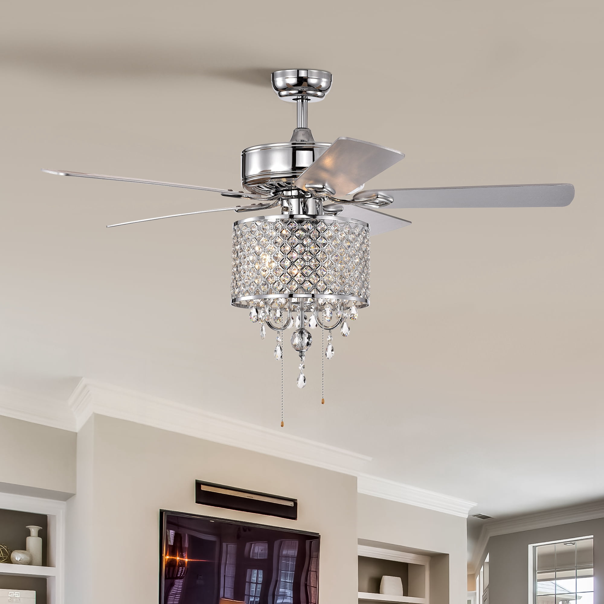 52'' Classical Crystal Ceiling Fan Lamp 3 Speed Hand Pull Chain (High ...
