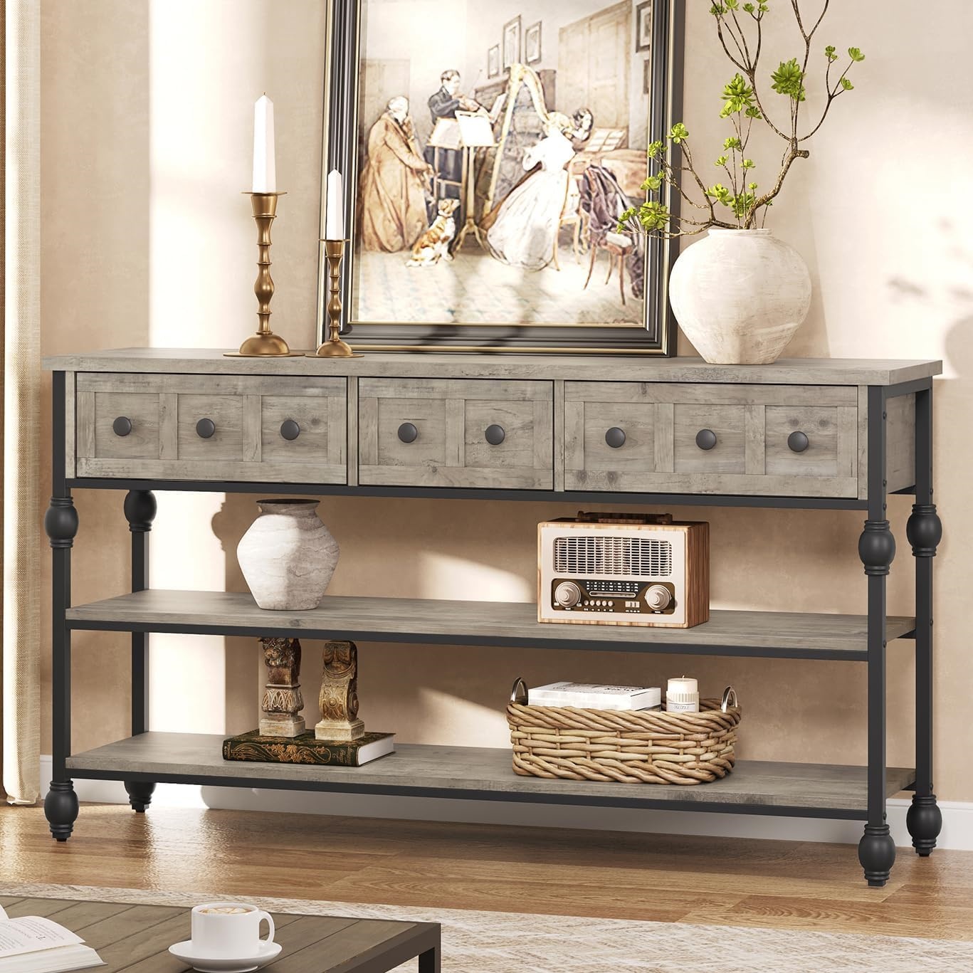 52" Console Table, Entryway Table with 3 Storage Drawers, 3 Tier ...