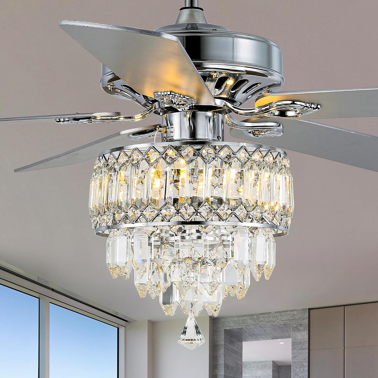 52" Crystal Chandelier Ceiling Fan with Light and Remote, Modern ...