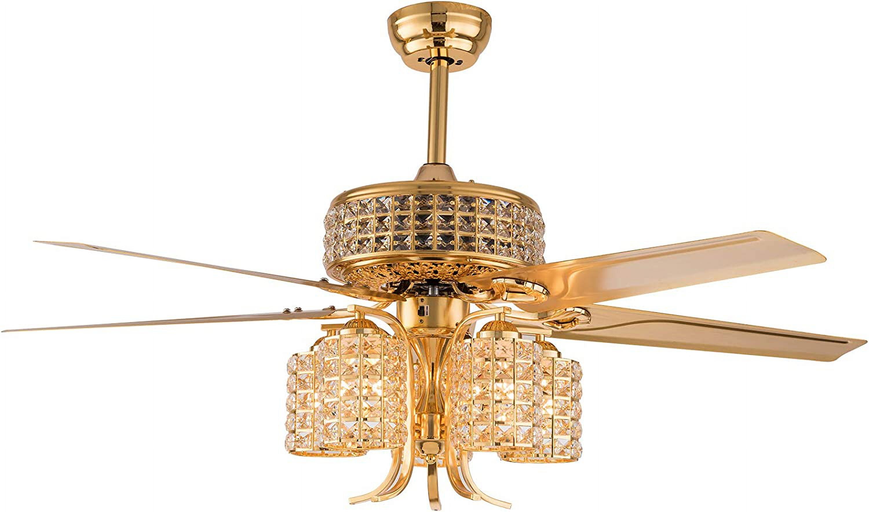 "52"" Gold Crystal Ceiling Fan Light, Modern LED Chandelier, 5 ...