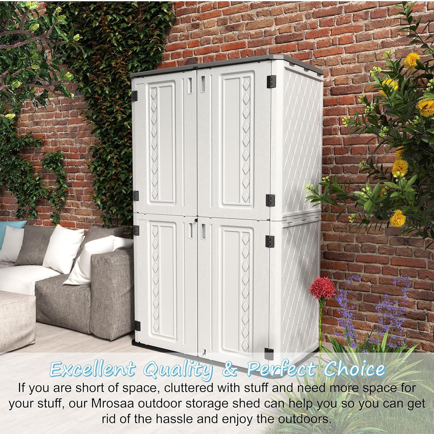 52 Cubic Feet Vertical Resin Storage Shed, Waterproof Outdoor Storage ...