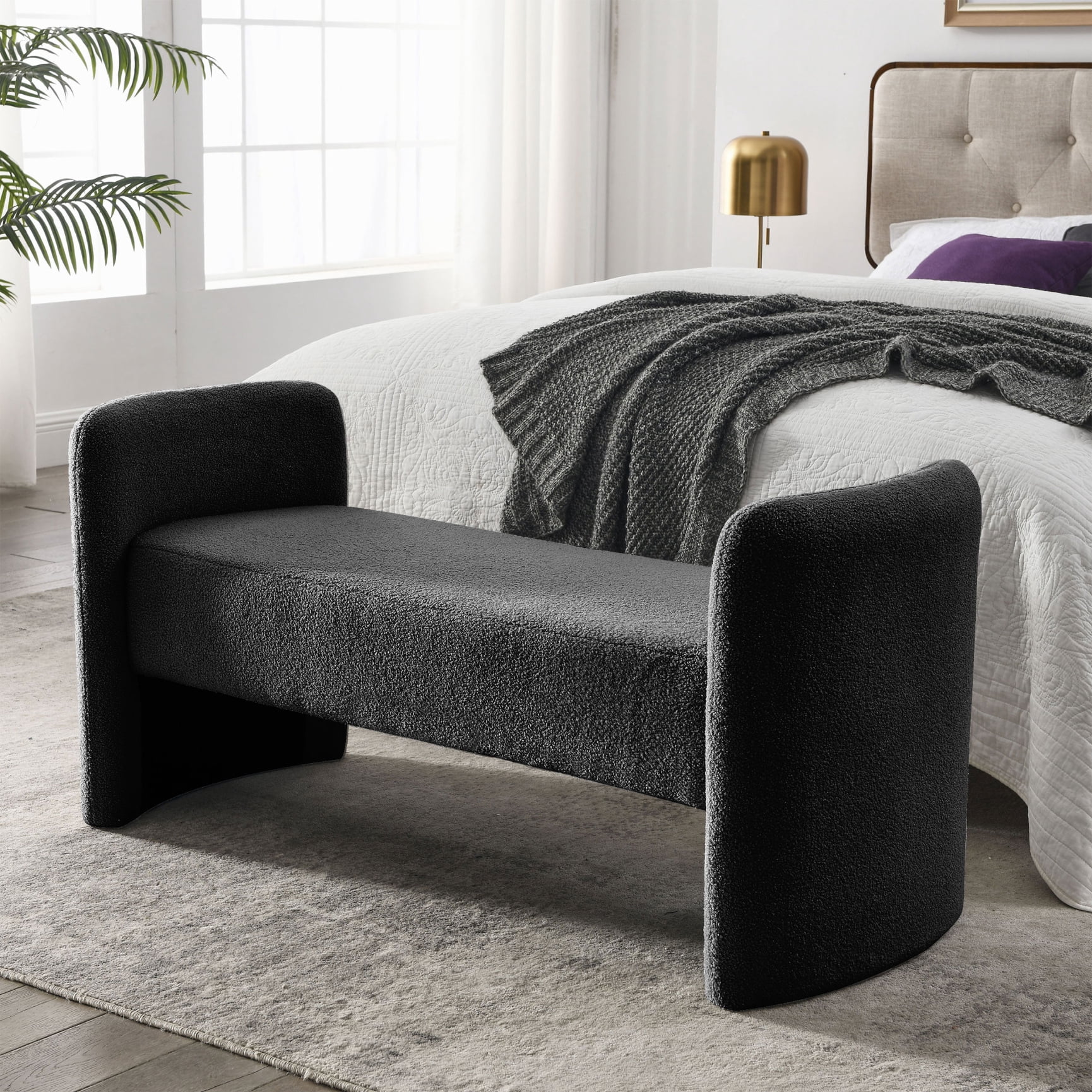 52" End of Bed Bench, Teddy Fabric Upholstered Ottoman Couch Long Bench ...