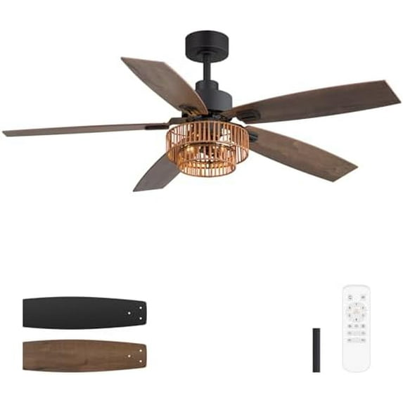 52" Farmhouse Ceiling Fans with Lights, Black Ceiling Fan with 6 Wind ...