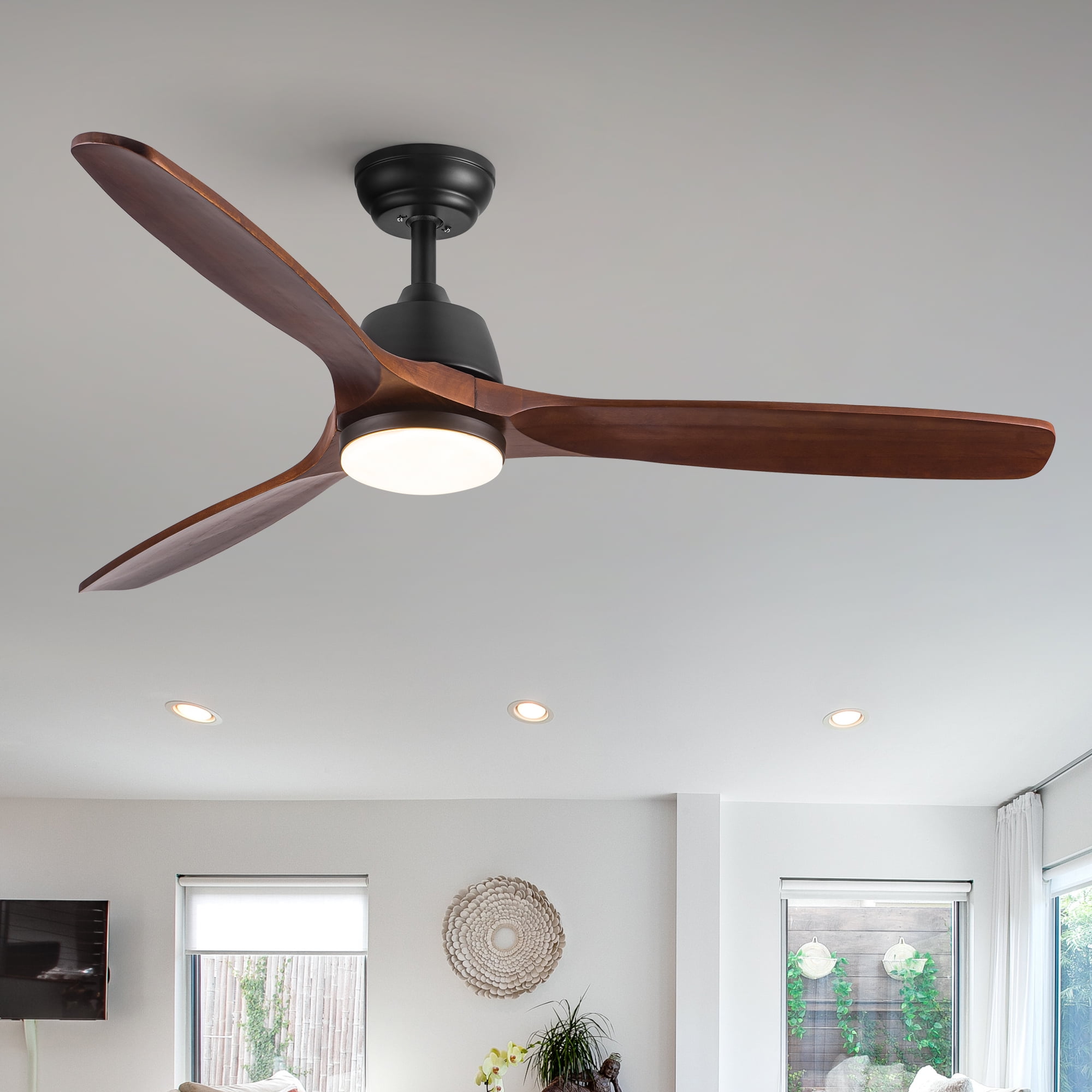 52" Farmhouse Rustic Led Ceiling Fan with Remote Control, Brown Wood ...