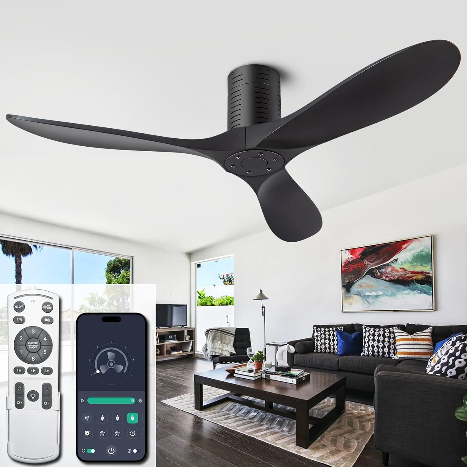 52" Flush Mount Ceiling Fans No Lights and Remote/APP Control, 6 Speed ...