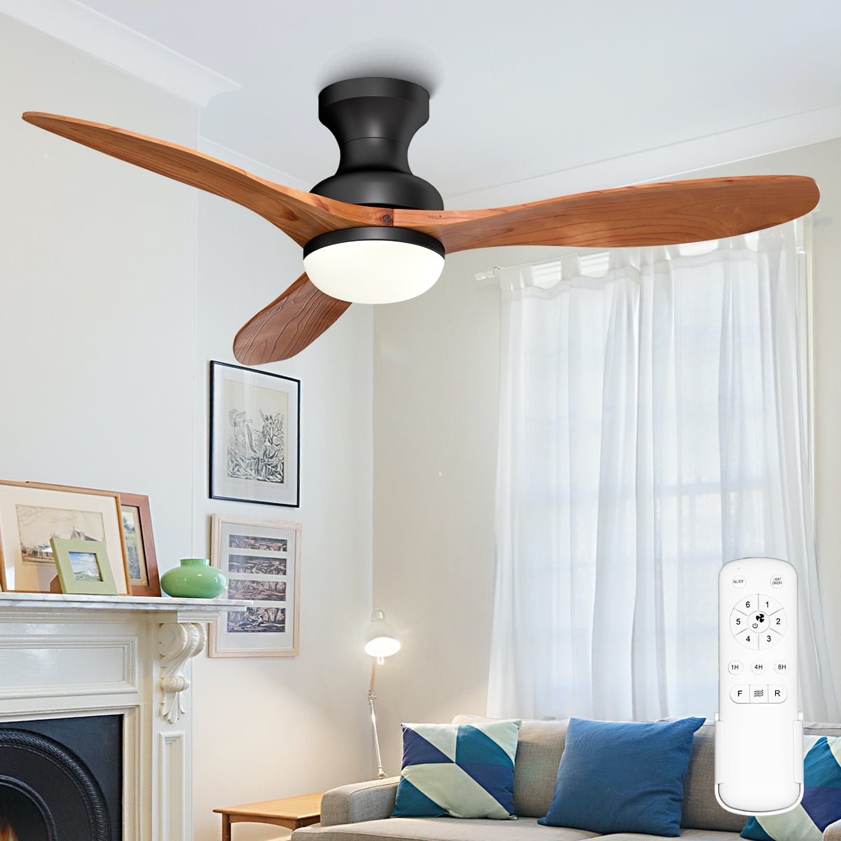 52" Flush Mount Solid Wood Ceiling Fan with Light, Remote Control, 6 ...