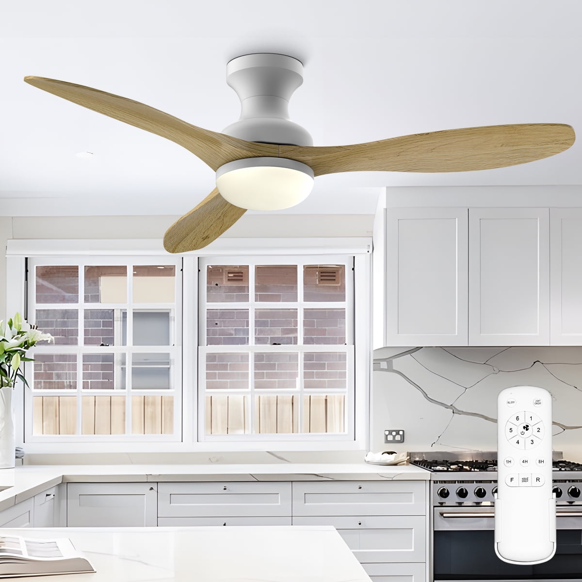 52" Flush Mount Solid Wood Ceiling Fan with Light, Remote Control, 6 ...