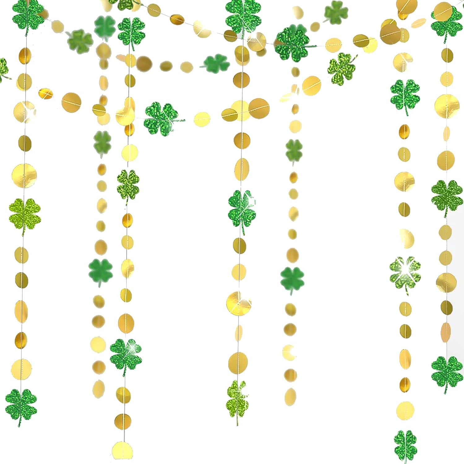52 Ft St Patricks Day Garland Gold Circle Dots Glitter Shamrock Clover ...