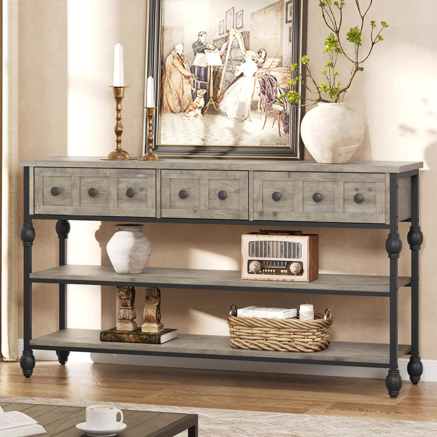 52" Grey Console Table, Entryway Table with 3 Storage Drawers, 3 Tier ...