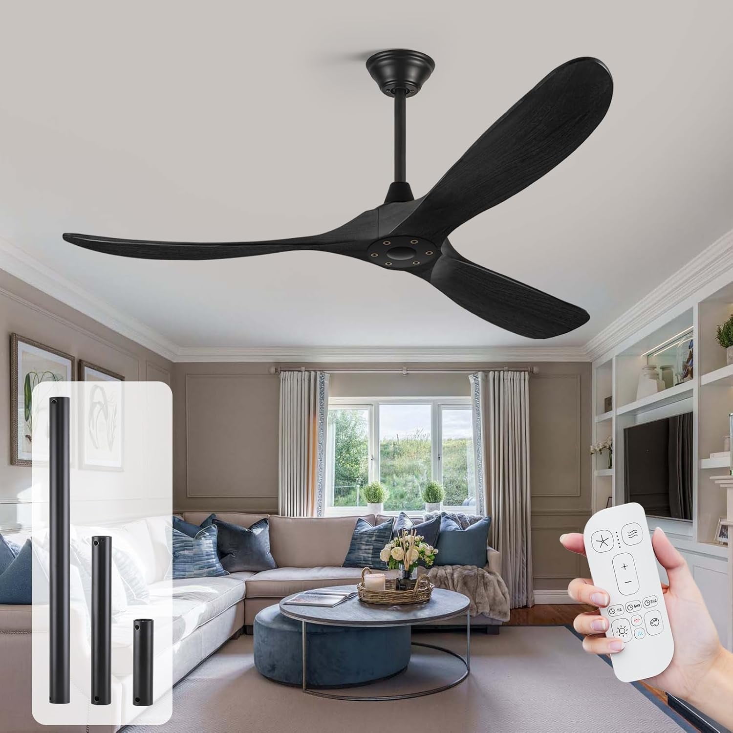 52 Inch Black Ceiling Fan No Light with Remote Control, 6-Speed Quiet ...