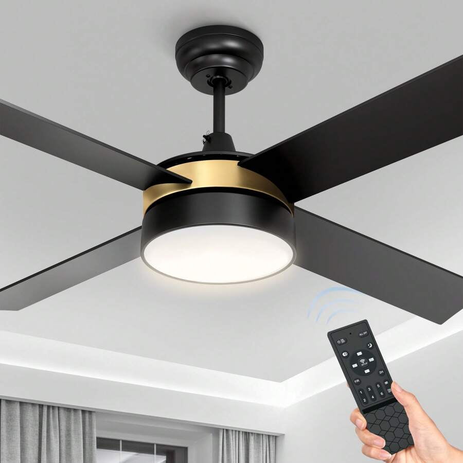 52 Inch Black Ceiling Fans With Light And Remote Control Light Fan With ...