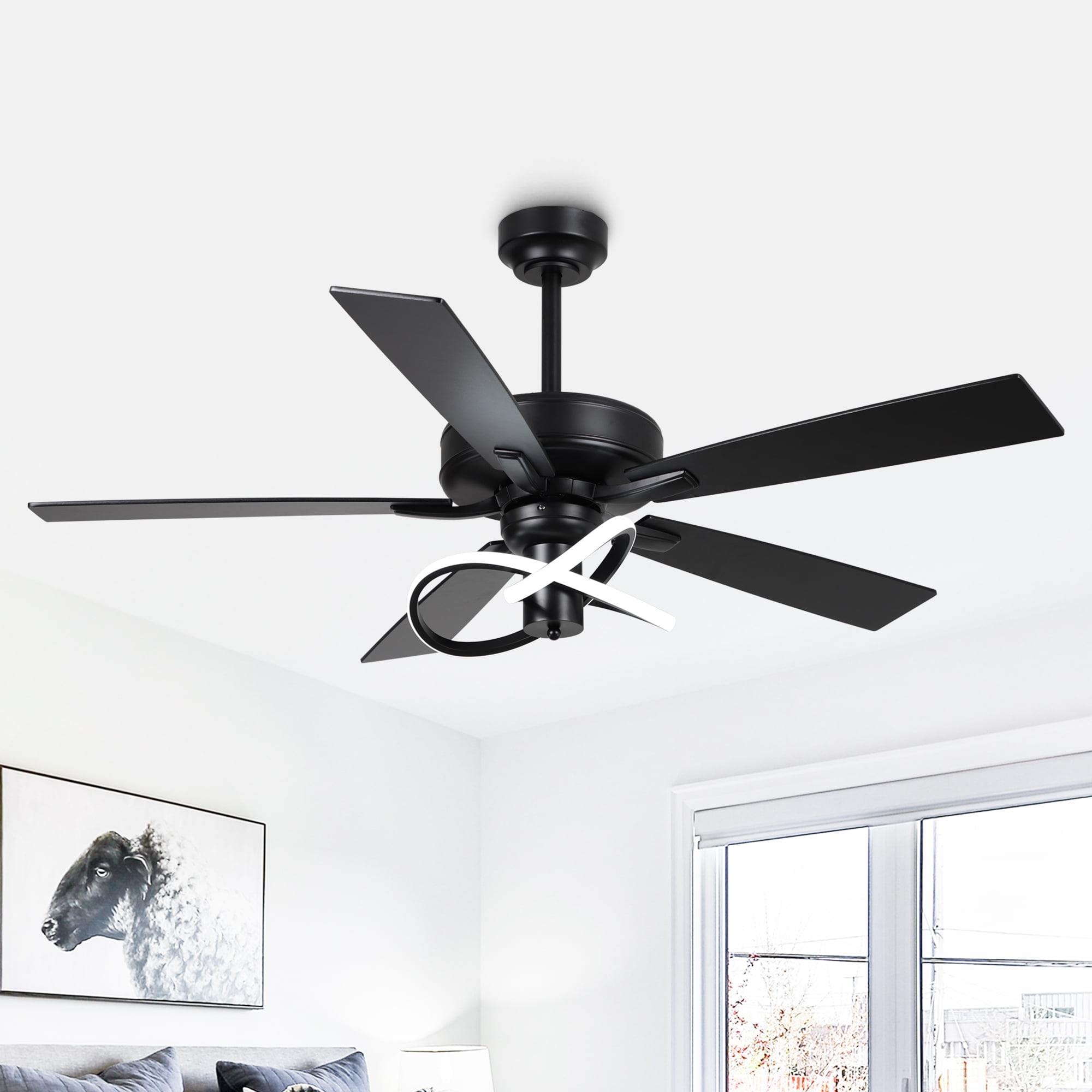 52 Inch Black Ceiling Fans with Lights for Bedroom, Reversible Blades ...