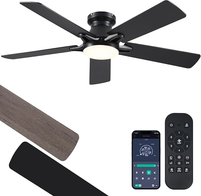 52 Inch Black Flush Mount Ceiling Fan with Dimmable LED Light, Remote ...