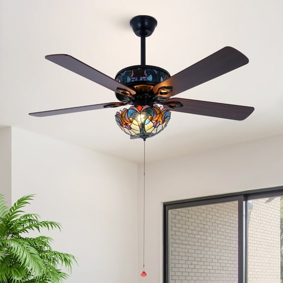52 Inch Black Wrought Iron Vintage Ceiling Fan with Light - Wooden ...