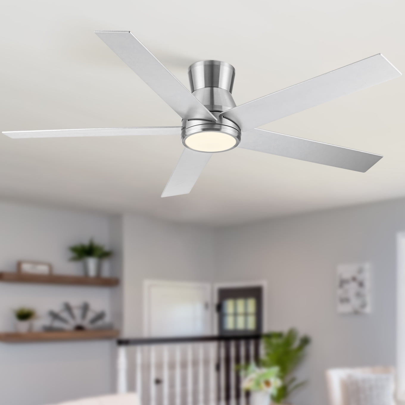 52-Inch Brushed Nickel Low Profile Ceiling Fan with Light for Medium ...