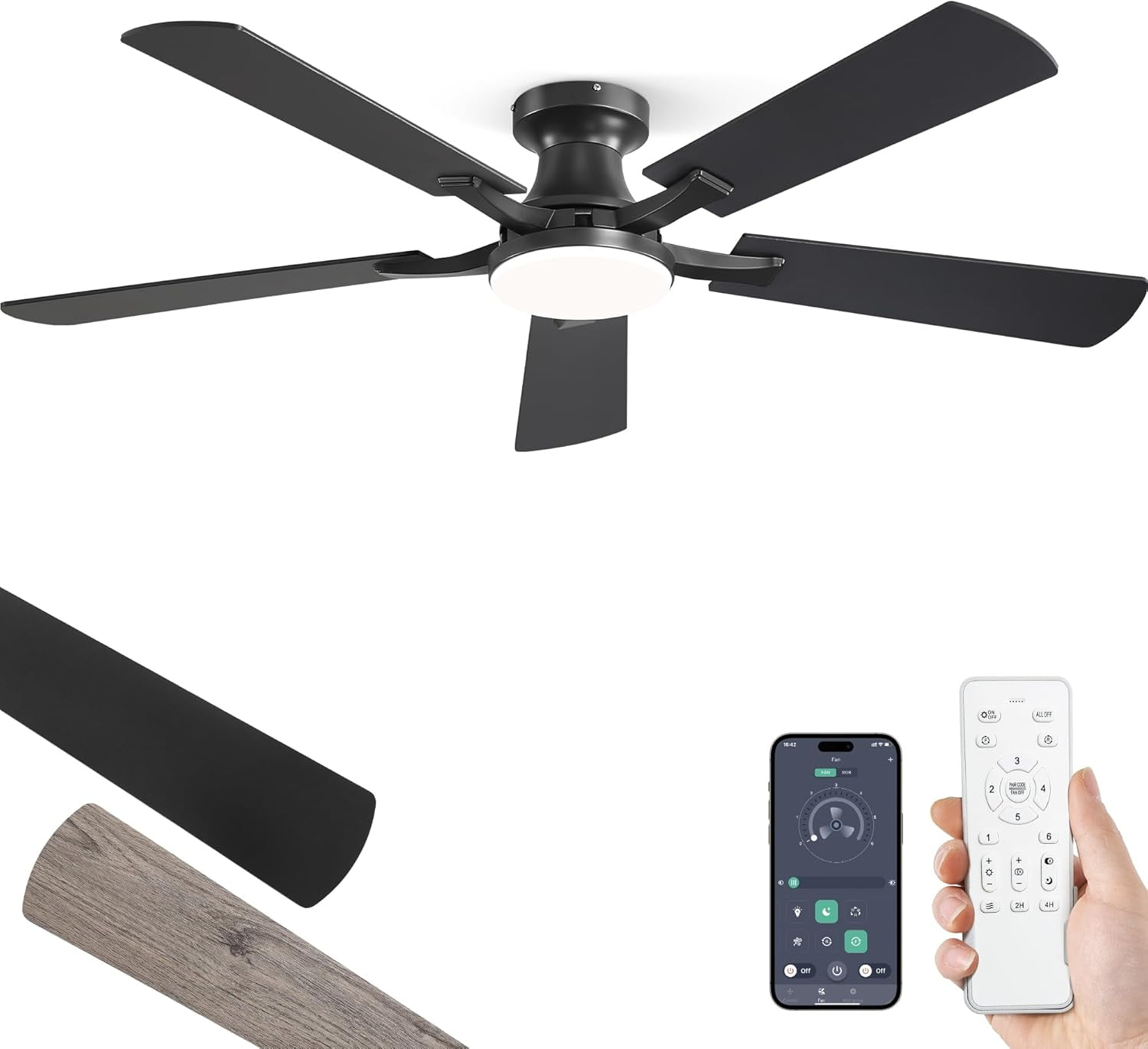52 Inch Ceiling Fan with Light, App&Remote Control, Flush Mount Low ...
