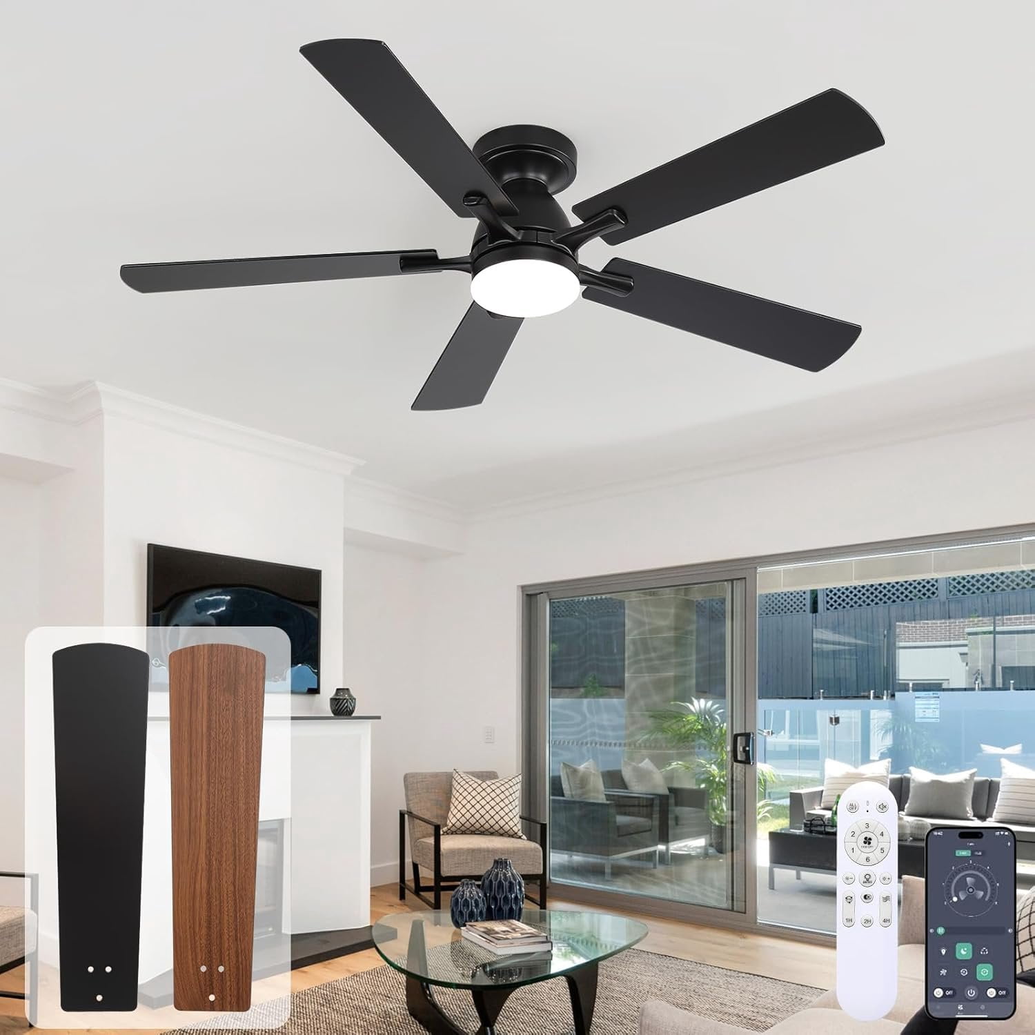 52 Inch Ceiling Fan with Lights, Black Modern Low Profile Flush Mount ...