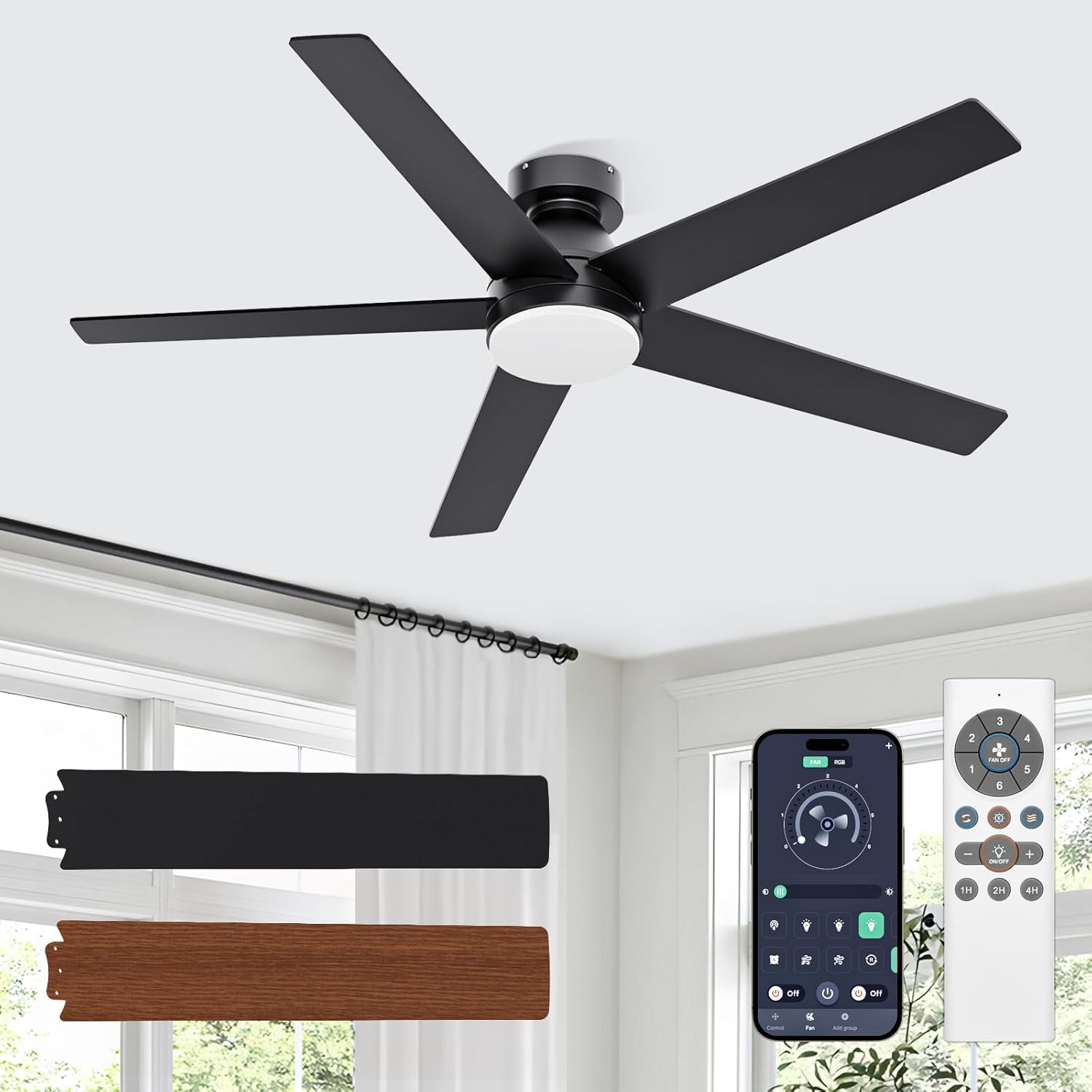 52 Inch Ceiling Fan with Lights and Remote, Low Profile Ceiling Fan ...