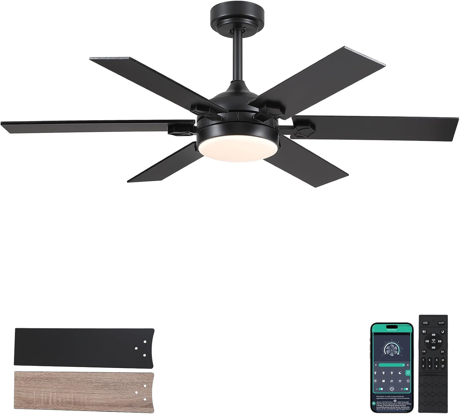 52 Inch Ceiling Fans with Lights and Remote, Black Ceiling Fans with ...