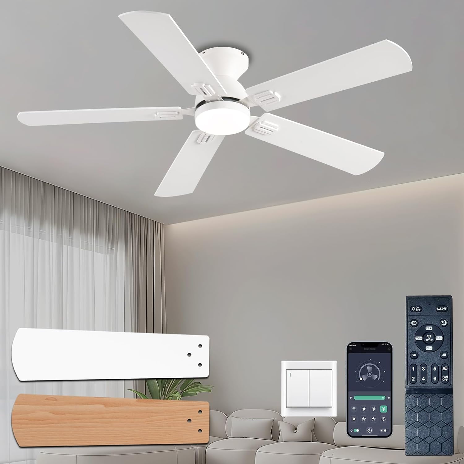 52 Inch Ceiling Fans with Lights, White Low Profile Ceiling Fan with ...