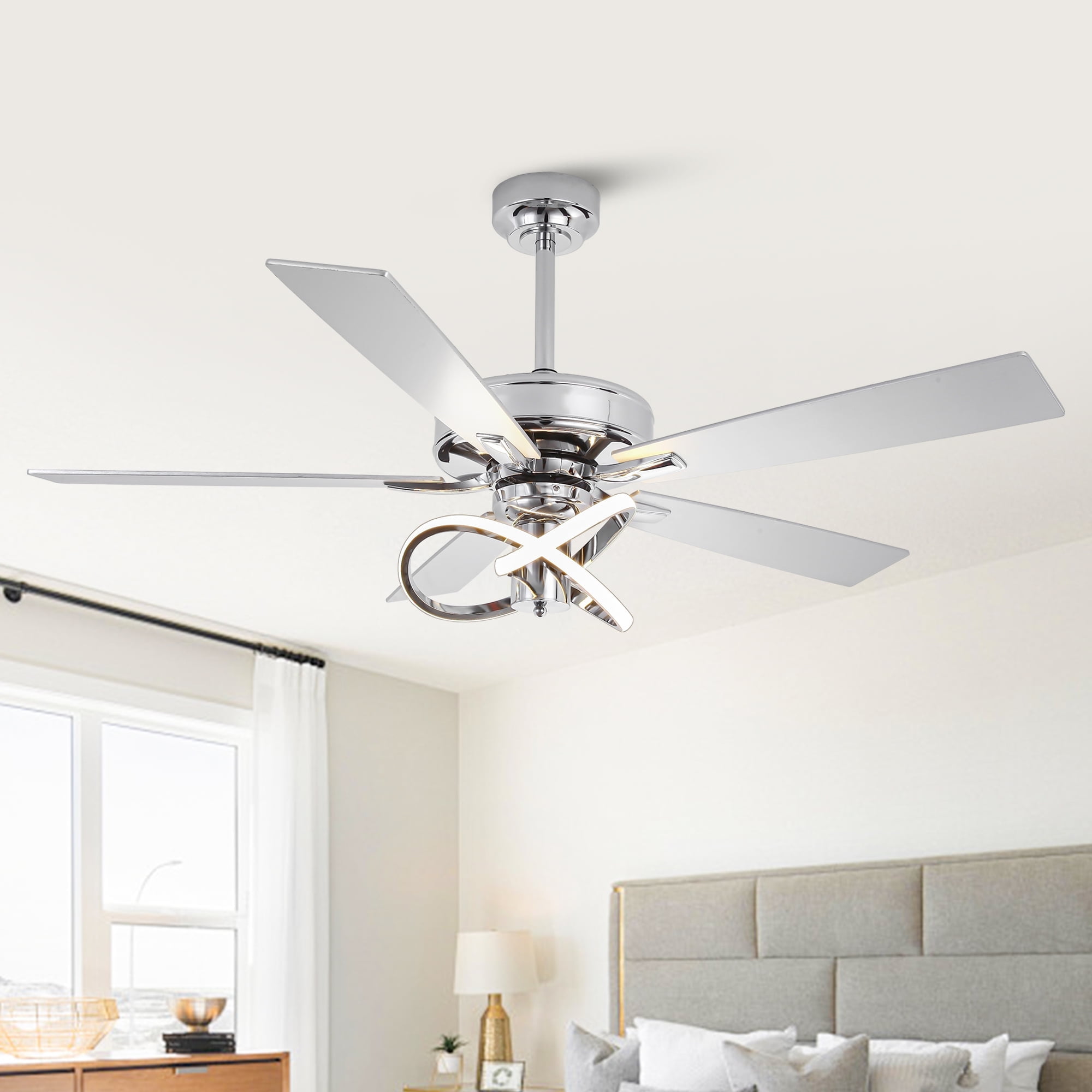 Modern 52 Inch Chrome Ceiling Fans with Lights for Bedroom, Reversible ...