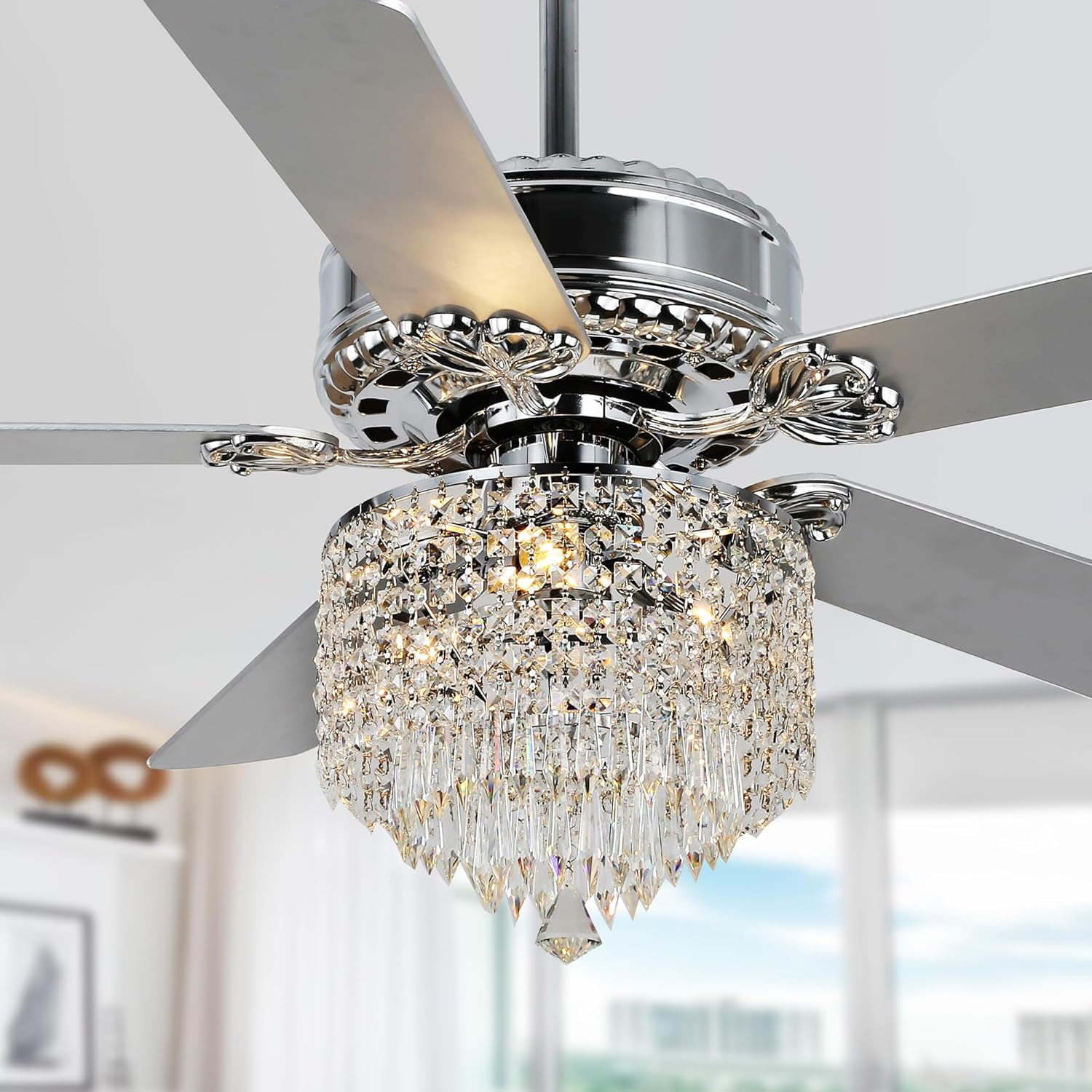 52 Inch Crystal Ceiling Fan Fandelier, Reversible Ceiling Fan with ...