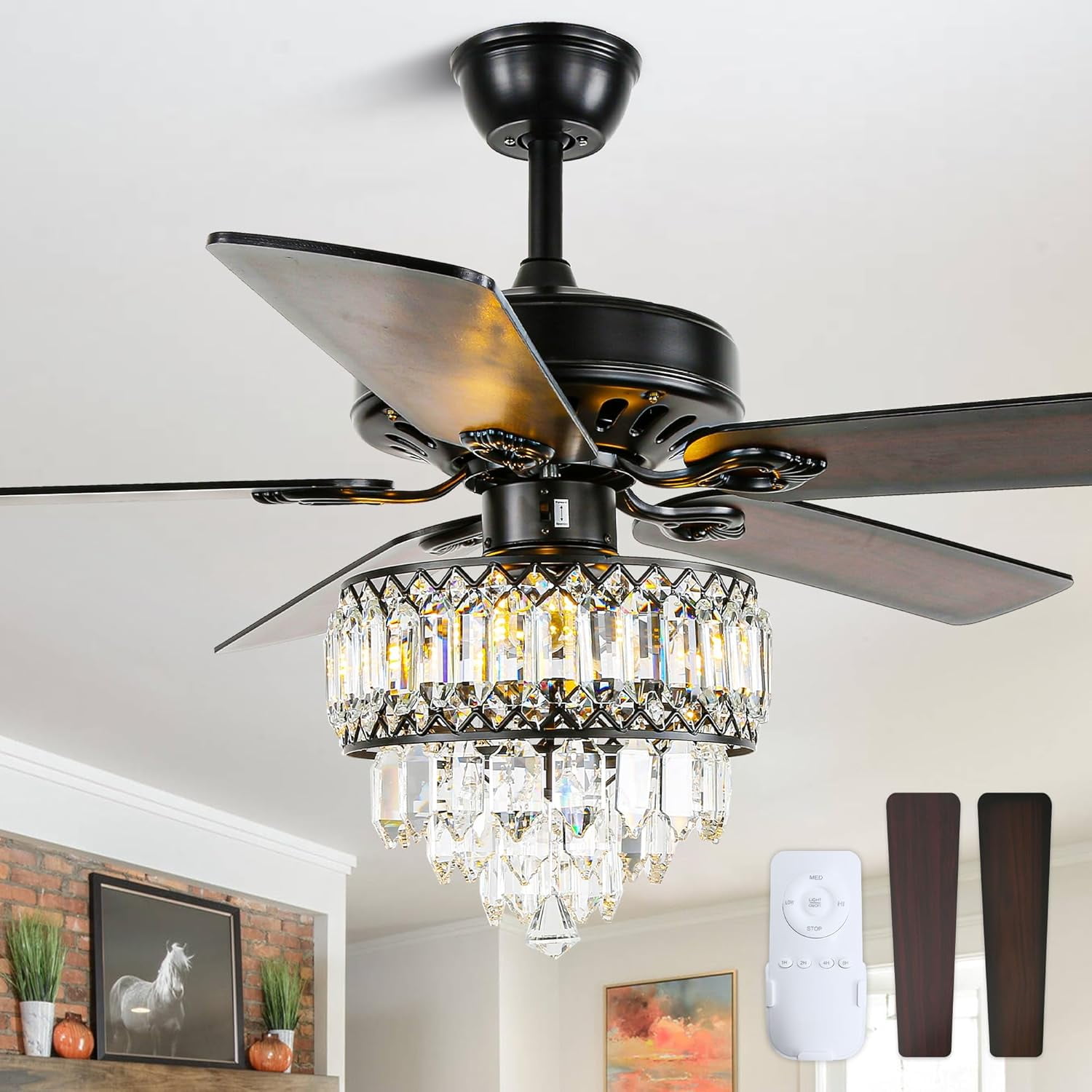 52 Inch Crystal Ceiling Fan with Lights and Remote, Modern Chandelier ...