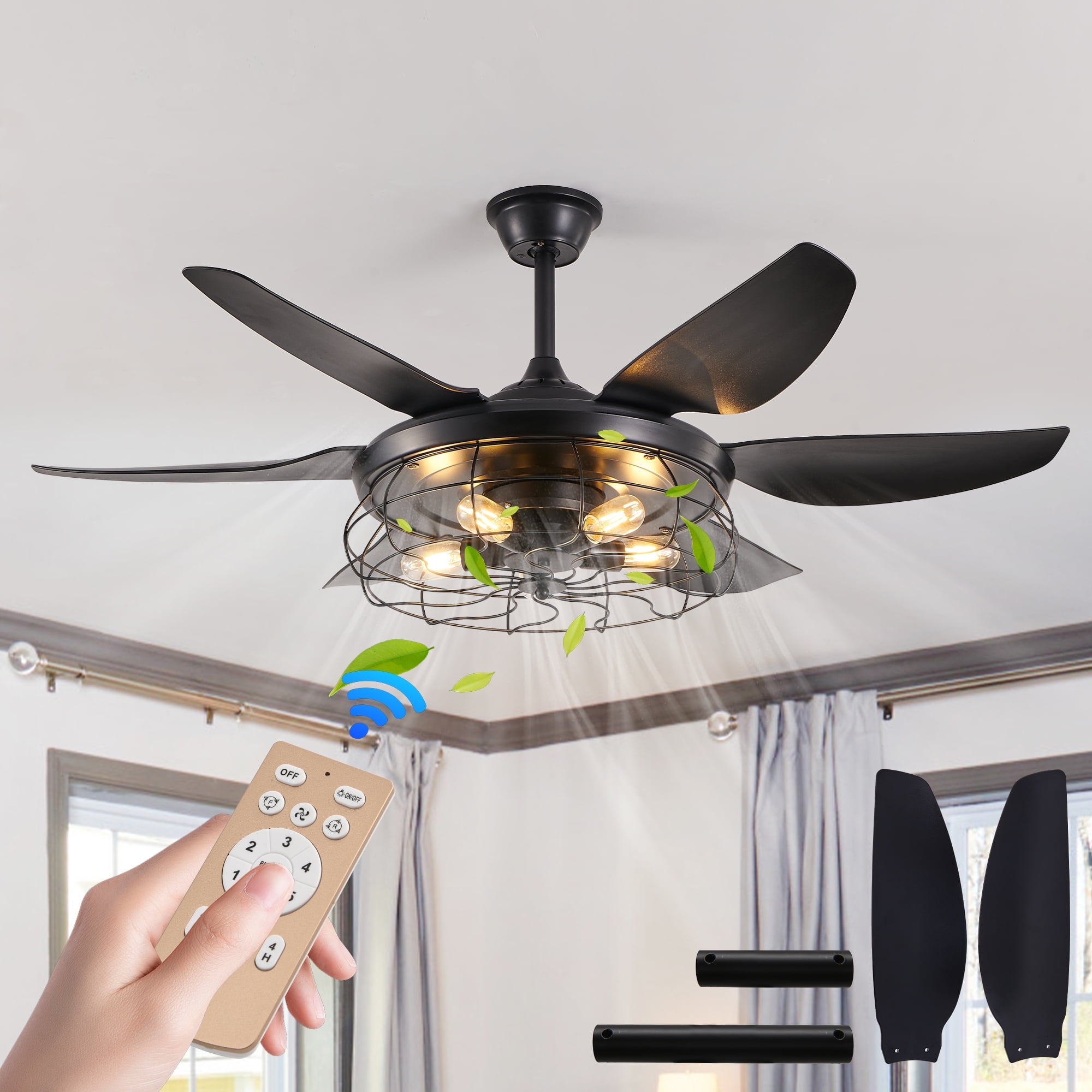 52 Inch Farmhouse Ceiling Fan with Light and Remote, 6-Blade Industrial ...