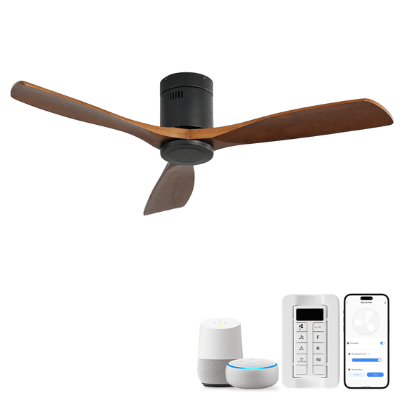52 Inch Flush Mount Ceiling Fan DC 3 Wood Fan Blade Noiseless ...