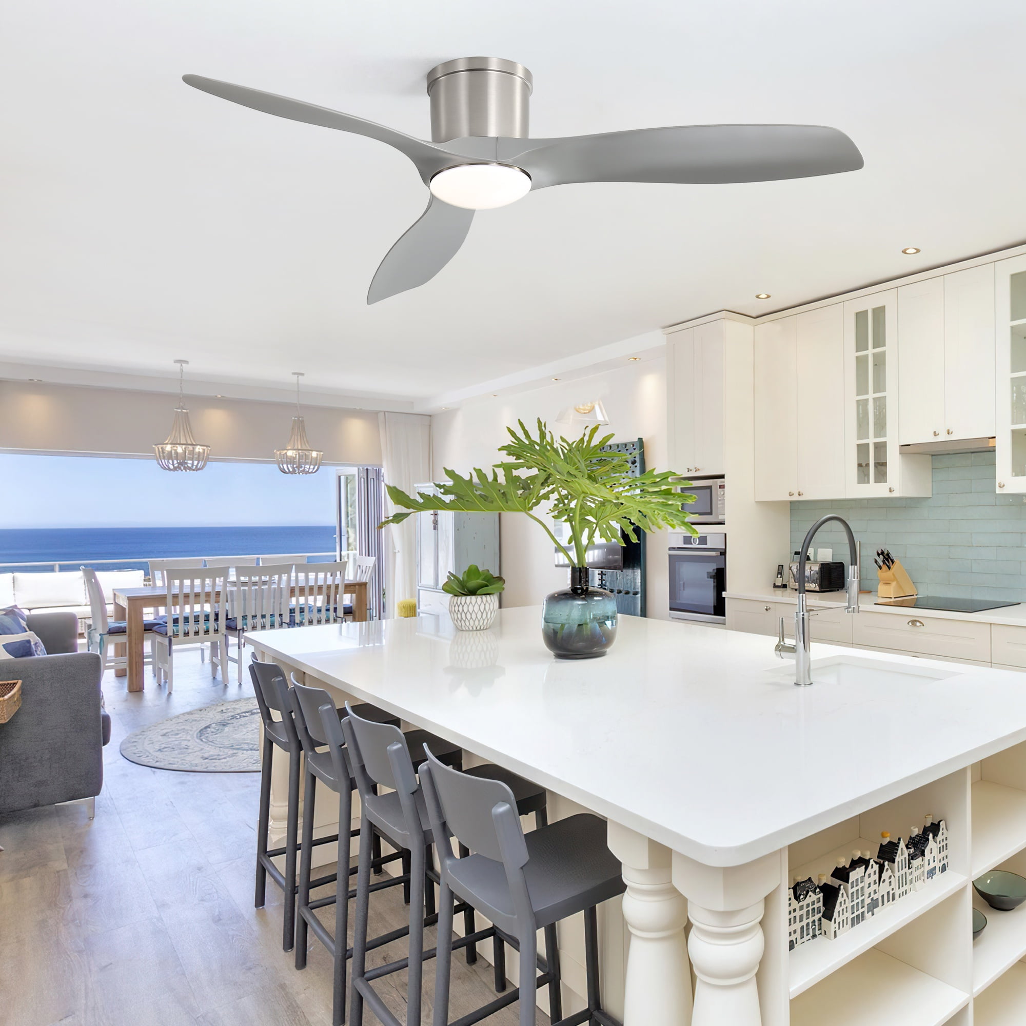 52-Inch Flush Mount Ceiling Fan with Light and Remote, Dimmable LED, 3 ...
