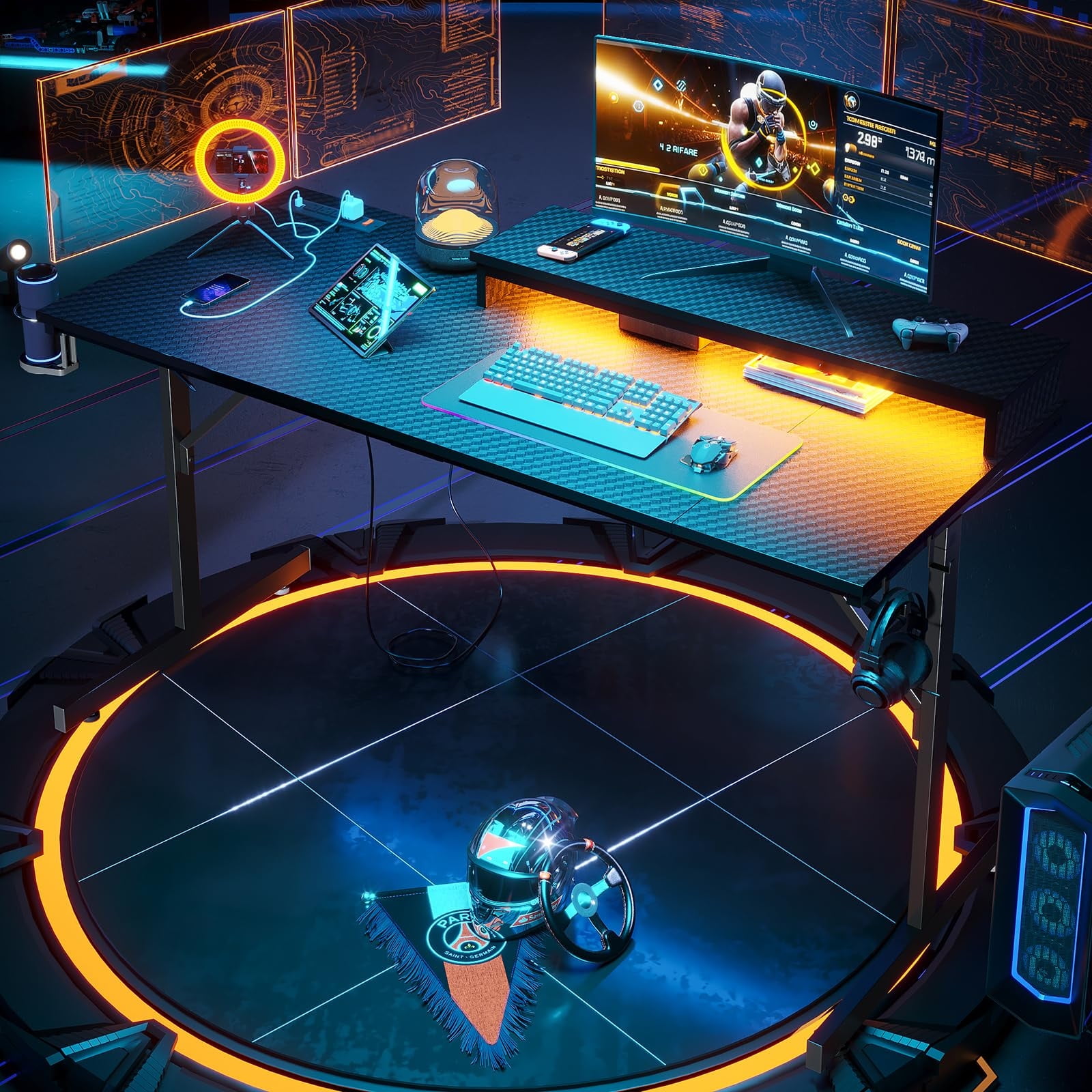 52 Inch Large Gaming Desk with 7-Color LED & Power Outlets, Floating ...