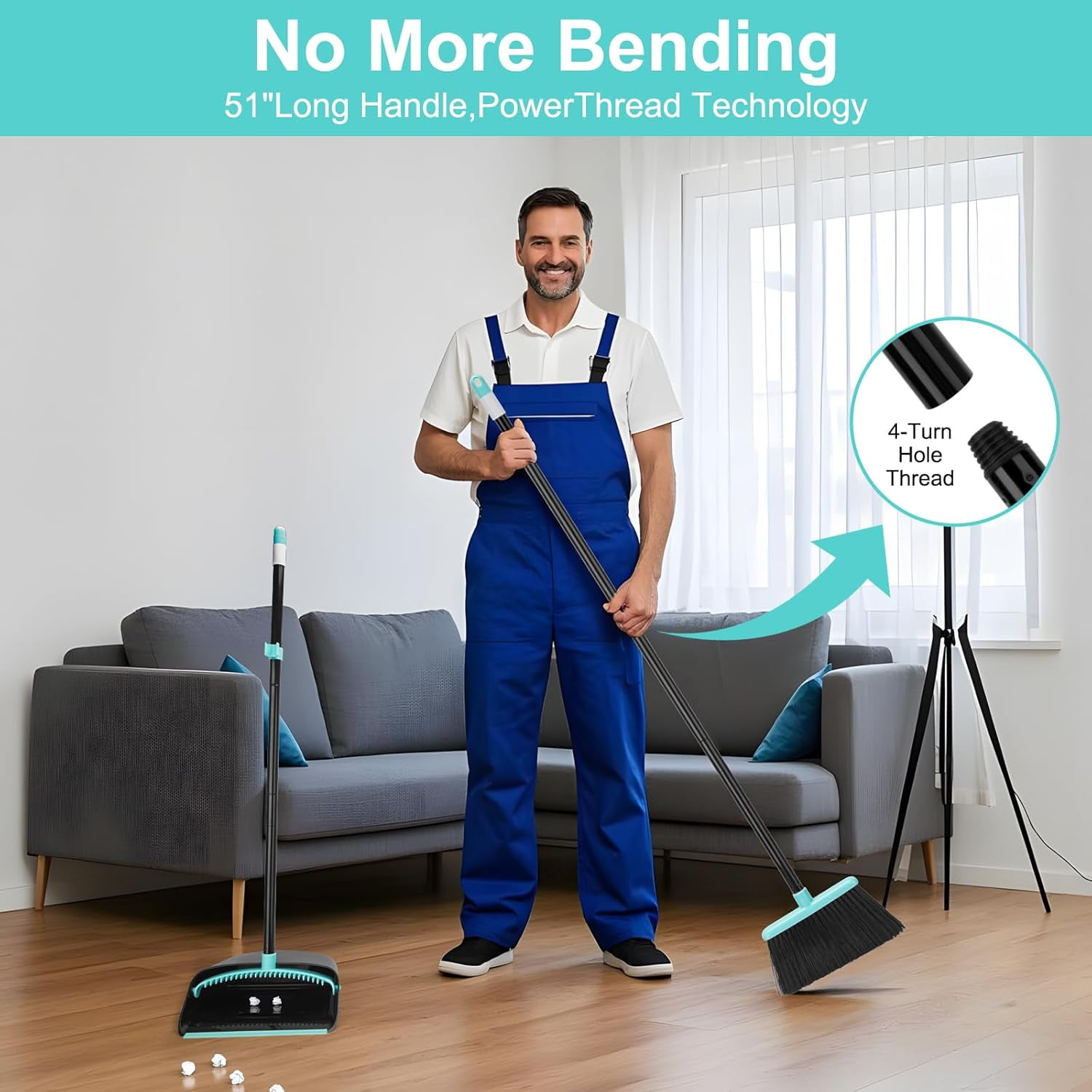 52-Inch Long Handle Broom with Dustpan Combo Set for Indoor and Outdoor ...