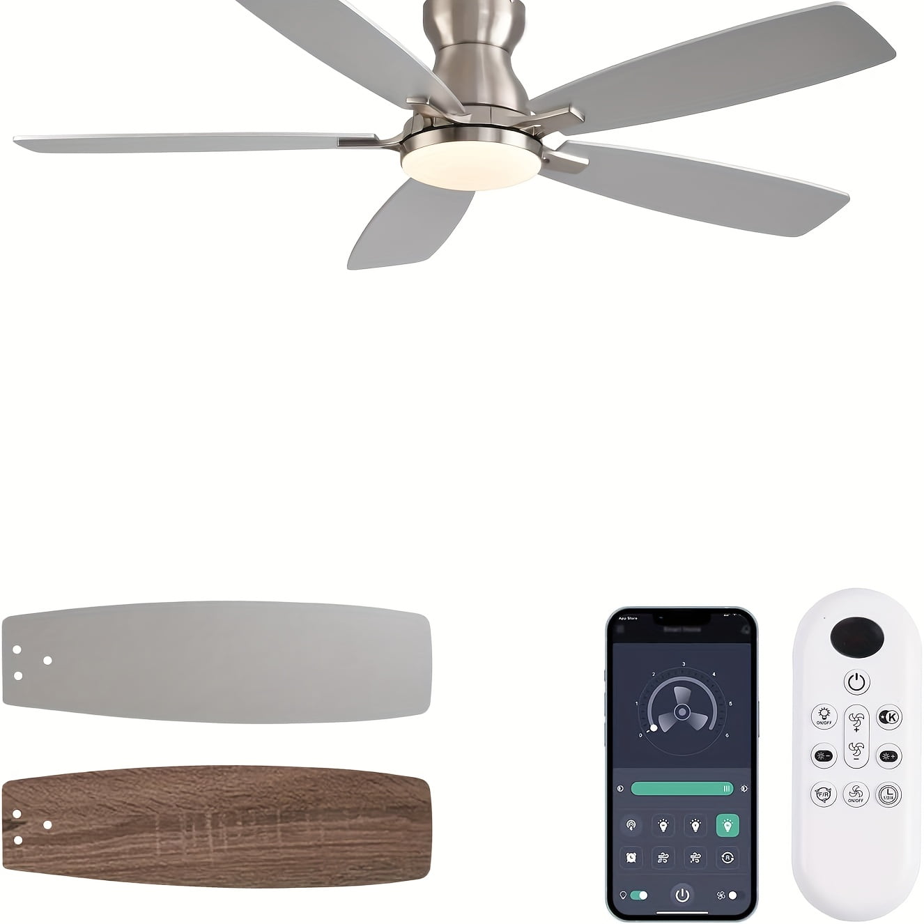 52 Inch Low Profile Black Ceiling Fan with Light, Remote & APP Control ...