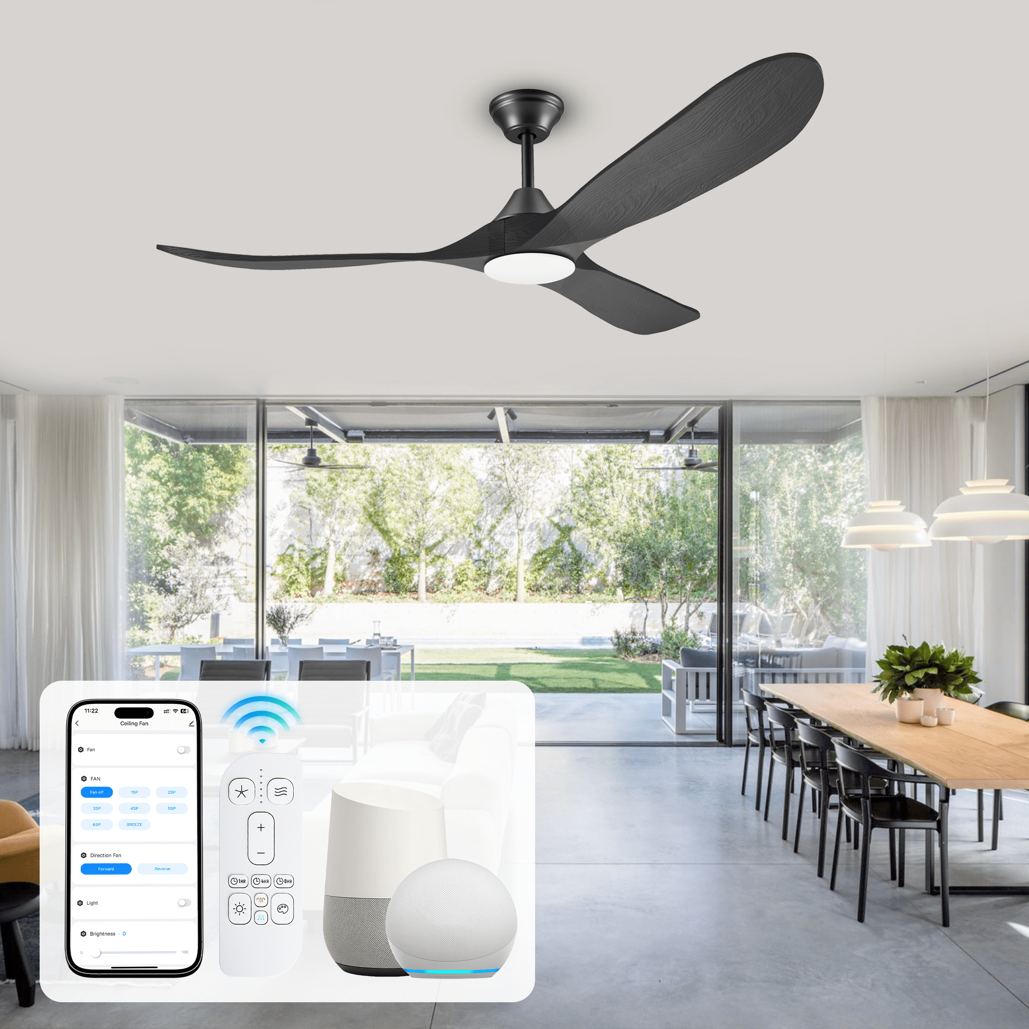 52 Inch Modern Black Ceiling Fan with Light and Remote, Indoor Outdoor ...
