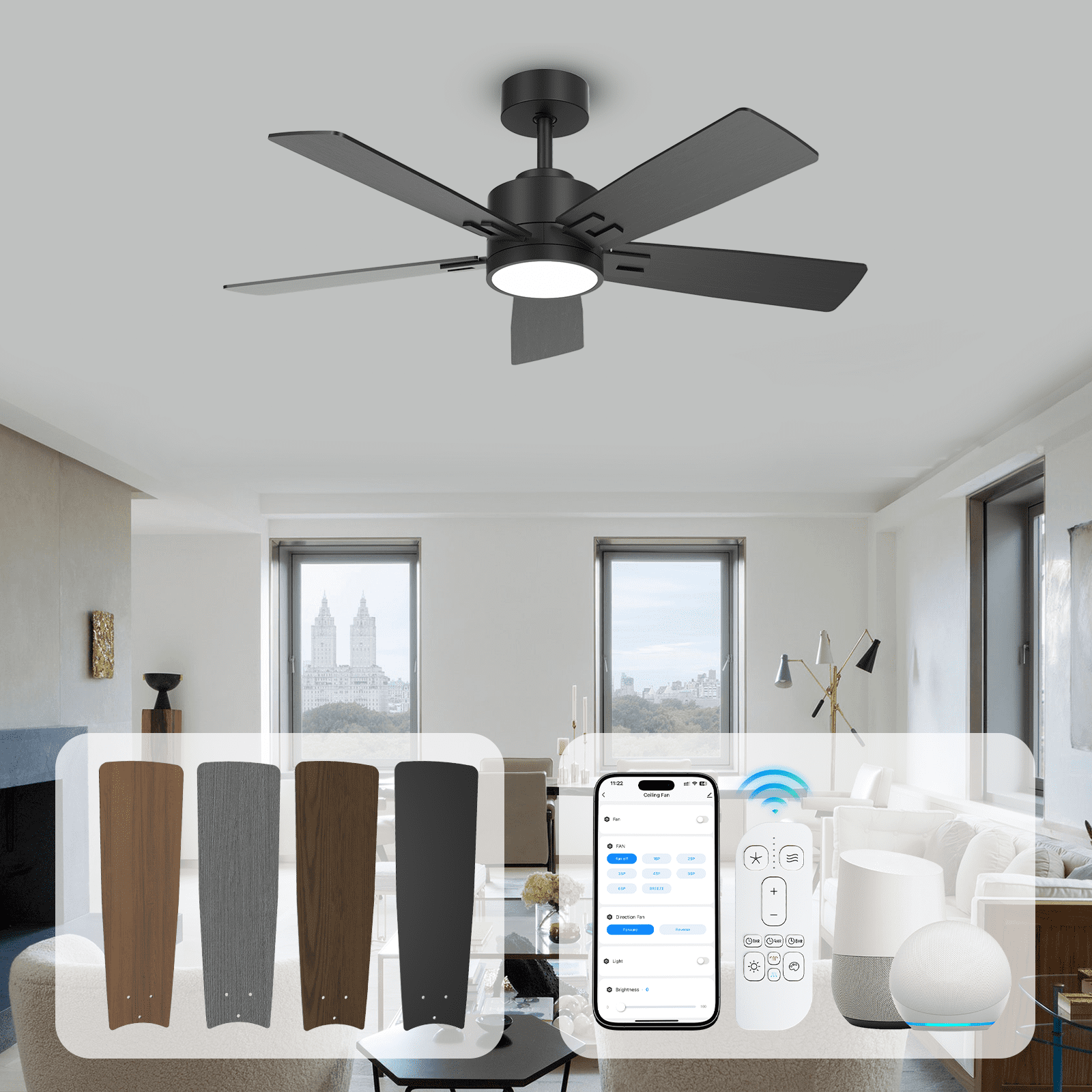 52 Inch Modern Black Ceiling Fans with Lights and Remote,Indoor Outdoor ...