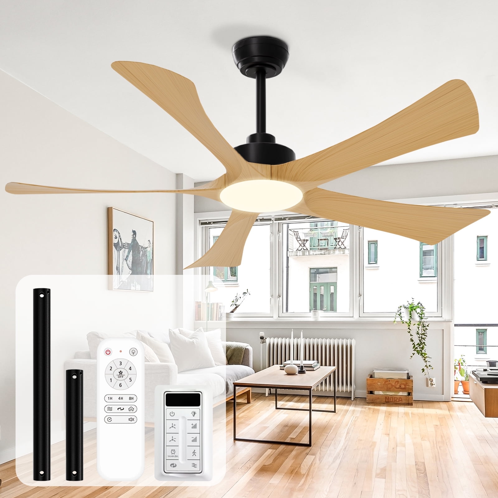 52-Inch Modern Ceiling Fan with Light and Remote, 5 Blades Reversible ...
