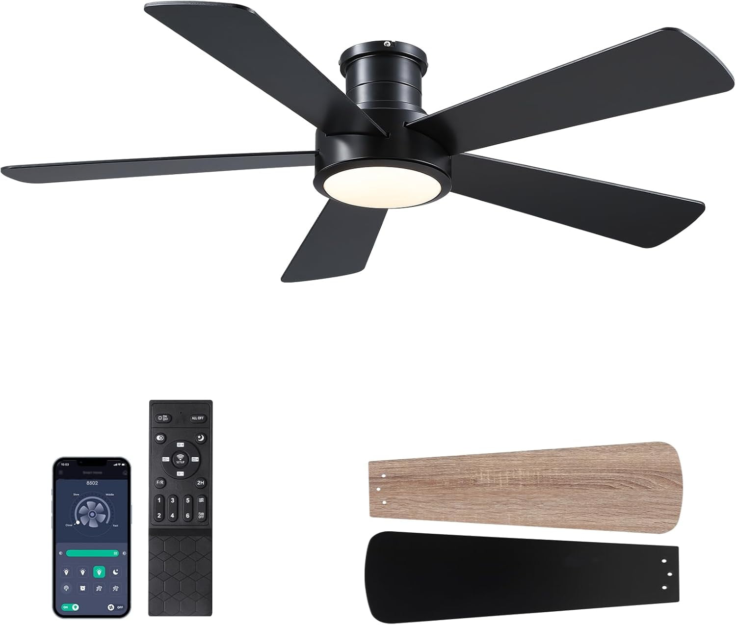 52 Inch Modern Low Profile Ceiling Fans with Lights Remote/APP Control ...