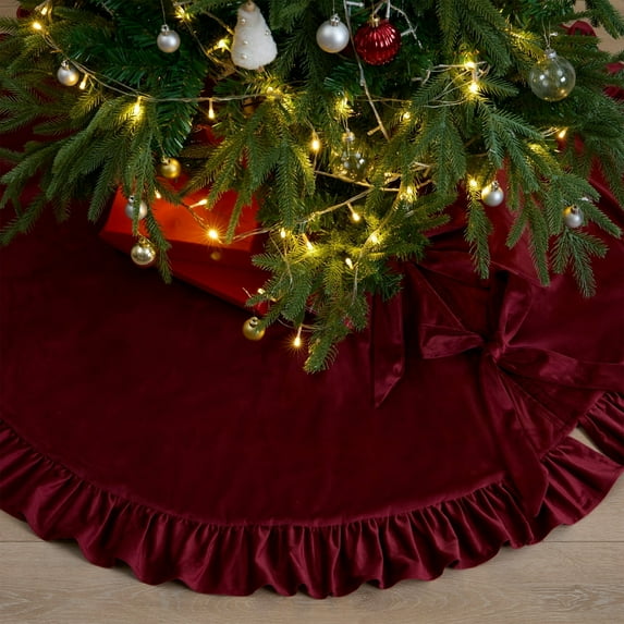 52-Inch Red Velvet Christmas Tree Skirt – Ruffled Holiday Tree Skirt ...