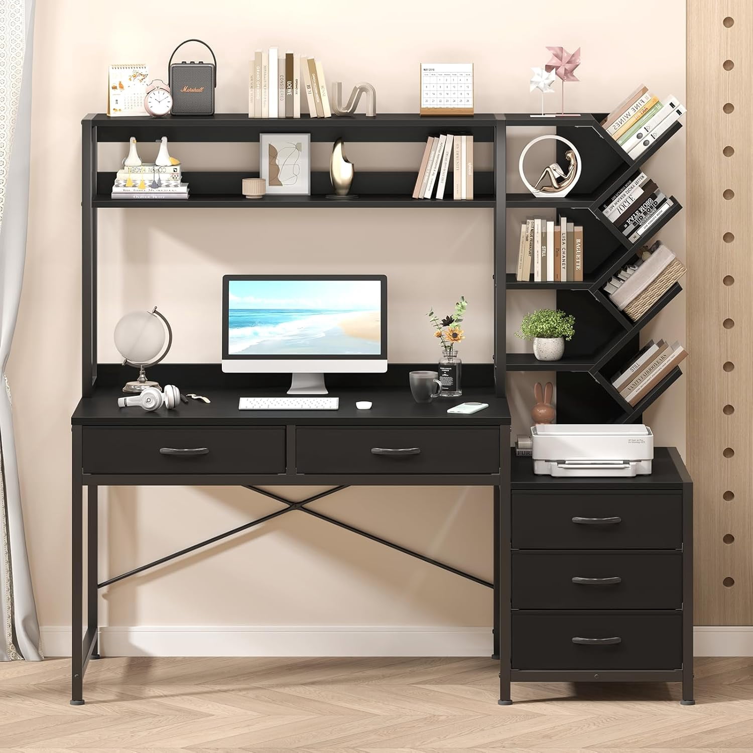 52-Inch Reversible Computer Desk with Hutch, 5 Drawers, Bookshelf, and ...