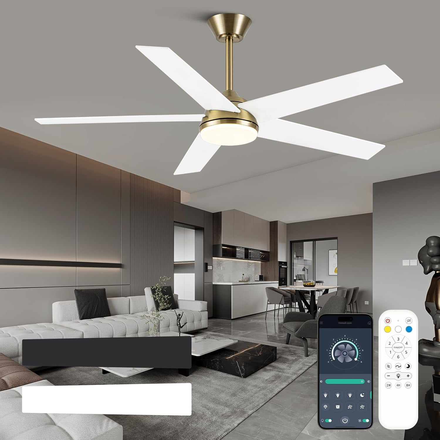 52 Inch Smart Ceiling Fan with Light and Remote, 3CCT Dimmable 6 Speeds ...