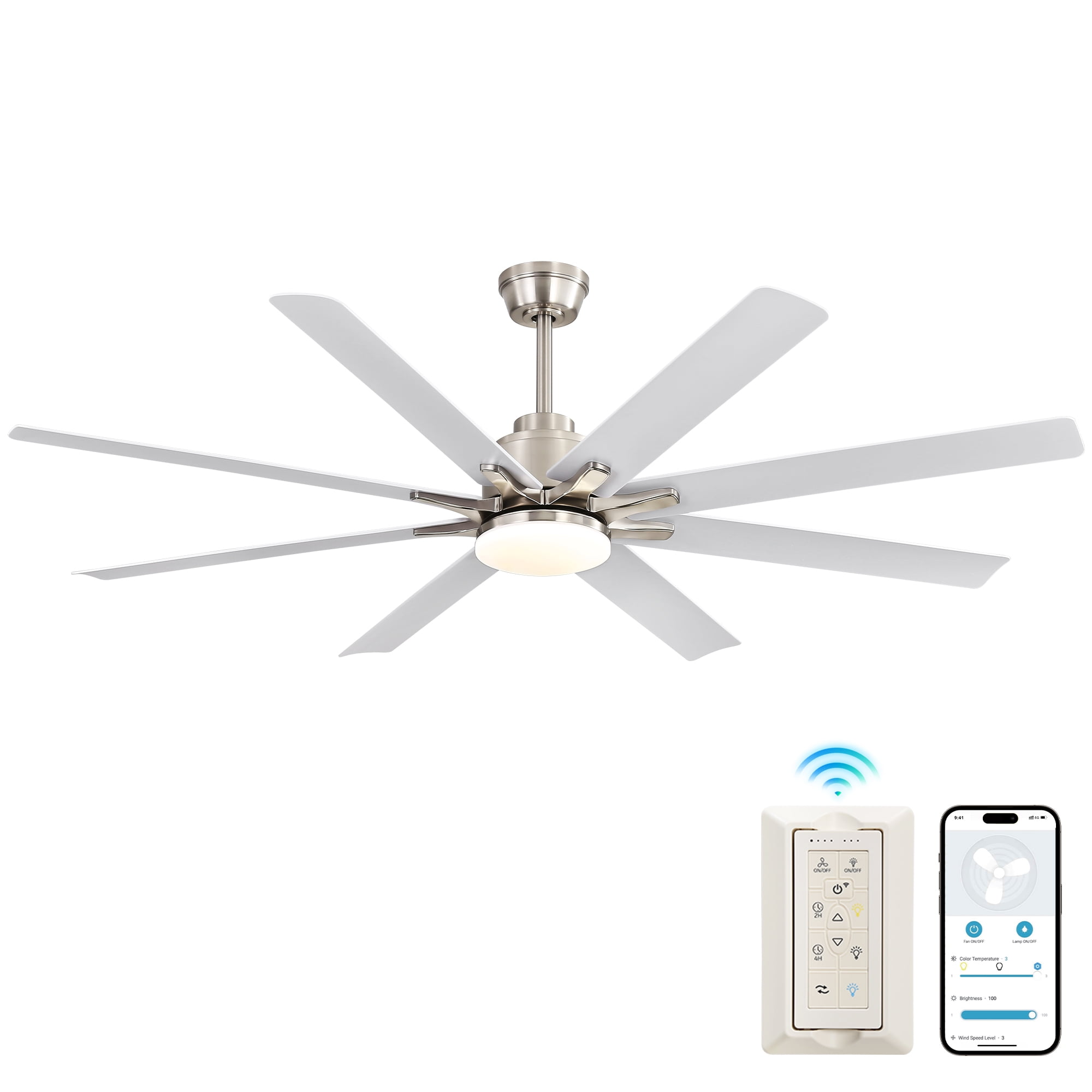 52-Inch Smart Ceiling Fan With Lights,6 Wind Speed,With 8 White ABS ...