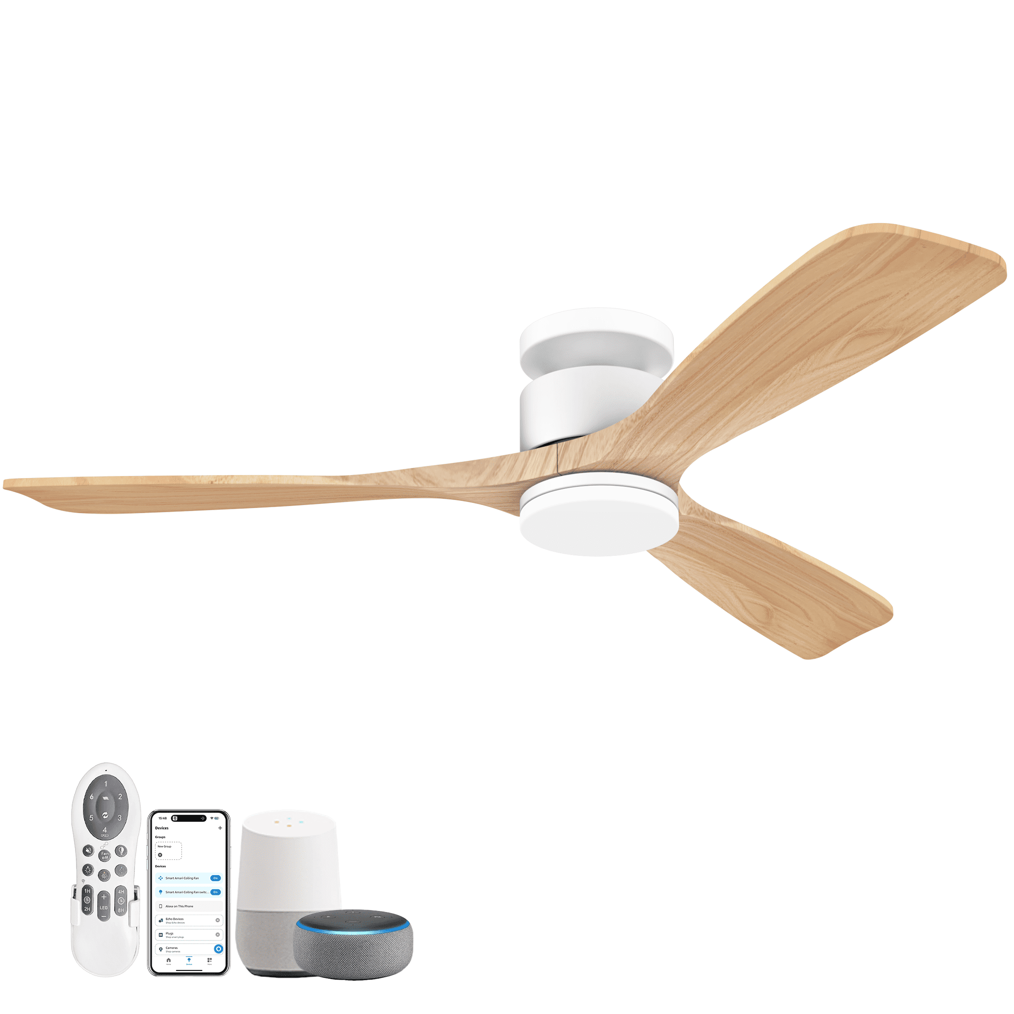 52 Inch Smart Flush Mount Ceiling Fans with Lights Remote,Wood Outdoor ...