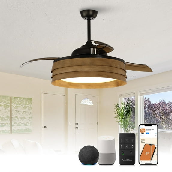 52 Inch Smart Retractable Ceiling Fan,Black Ceiling Fan with Lights and ...