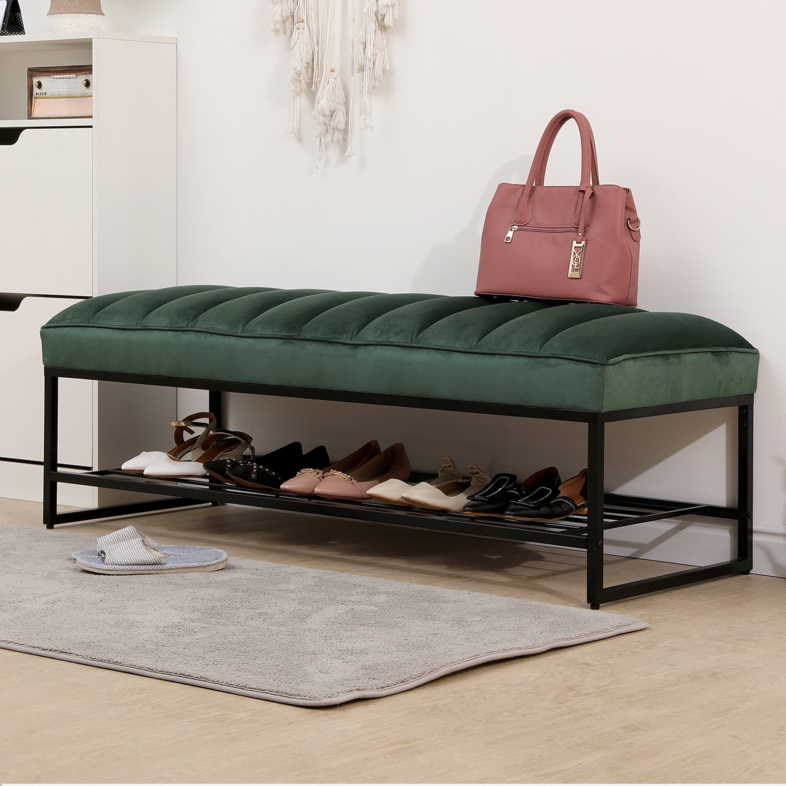 YIQMI 52 Inch Upholstered Ottoman Bench, Storage Bench, Metal Shelf ...