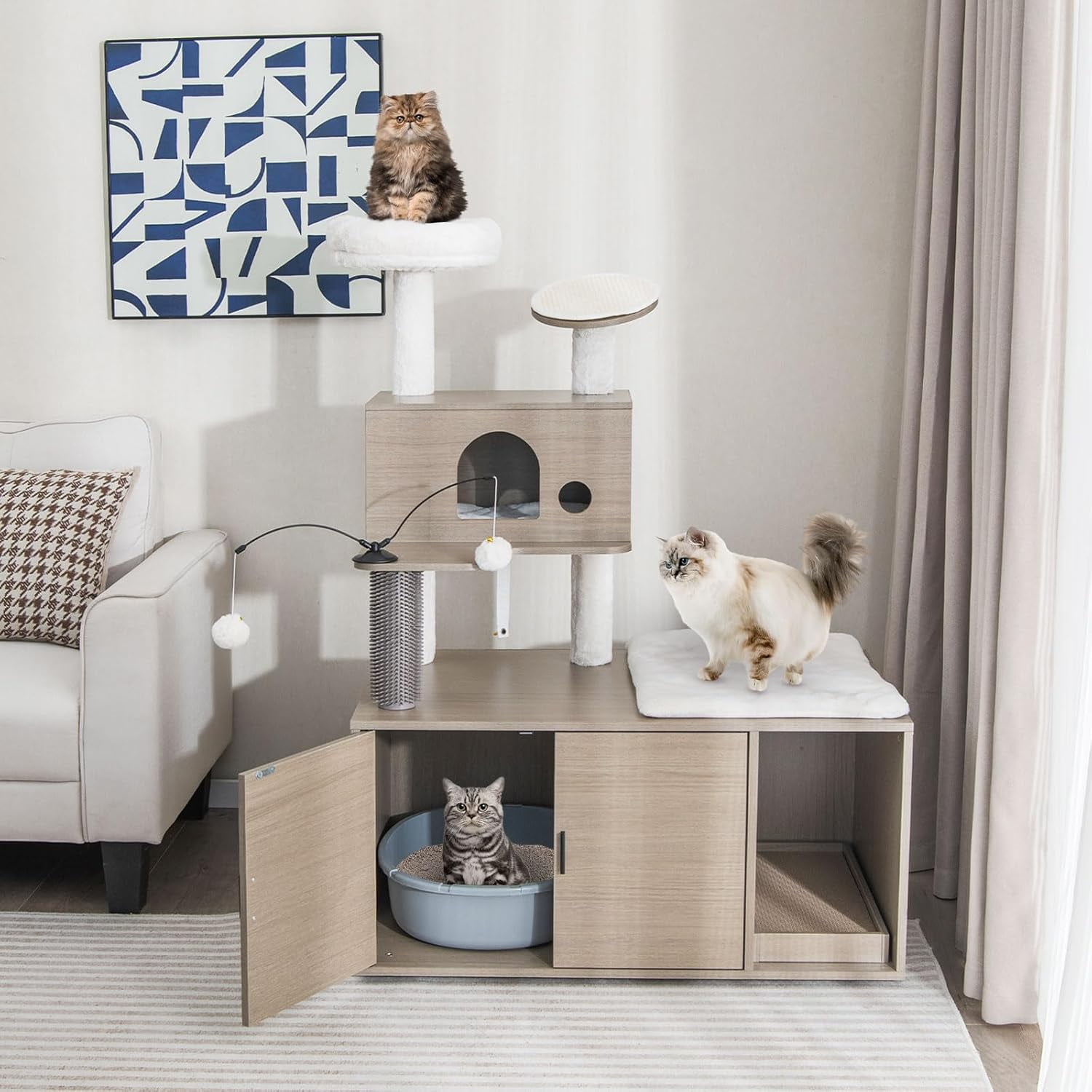 52-Inch Tree with Hidden Litter Box Enclosure, Modern Condo with ...