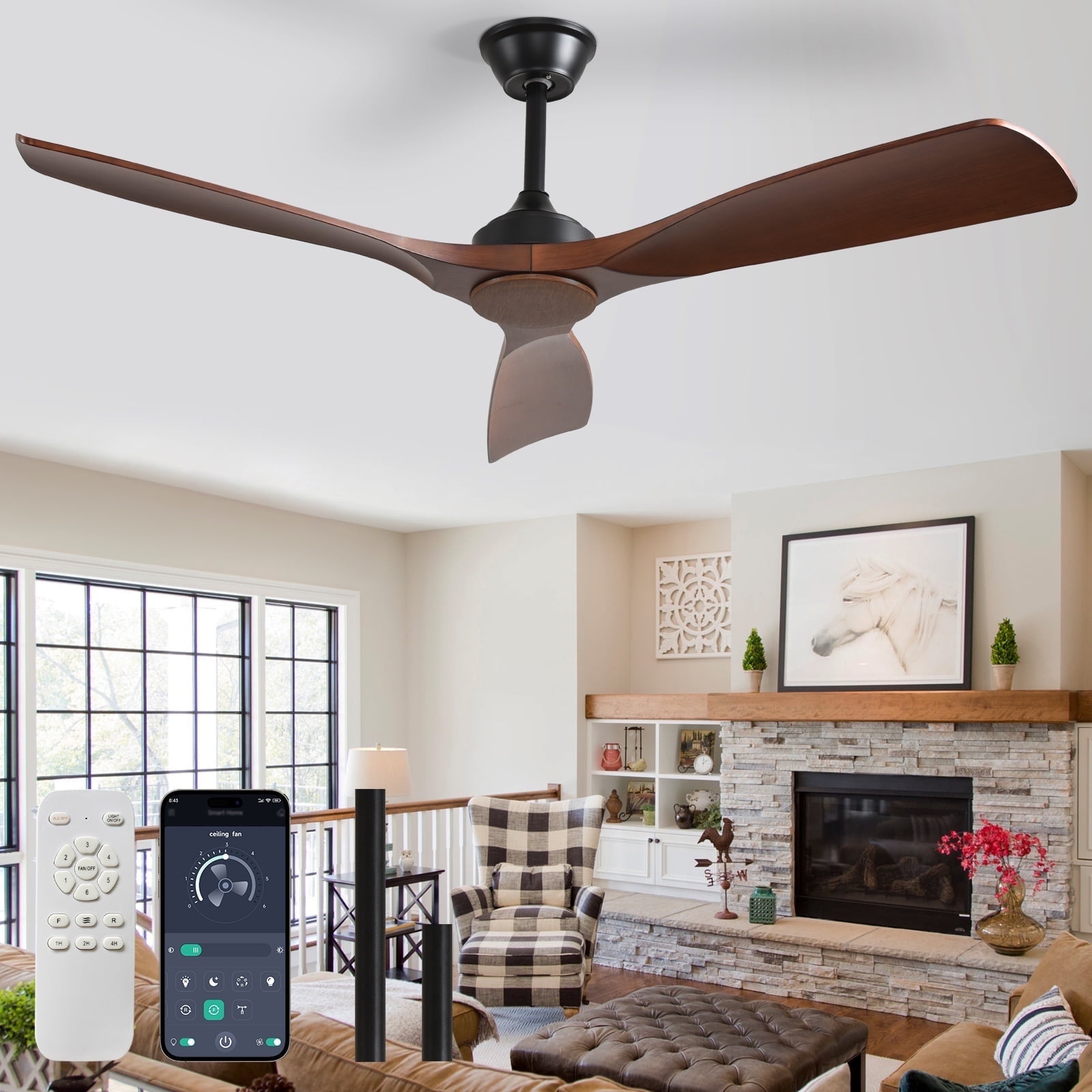 52-Inch Walnut Ceiling Fan with no Light: Indoor/Outdoor Use Hanging ...