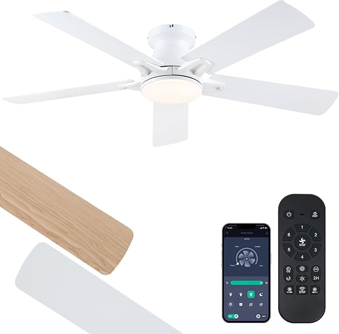 52 Inch White Flush Mount Ceiling Fan with Dimmable LED Light, Remote ...